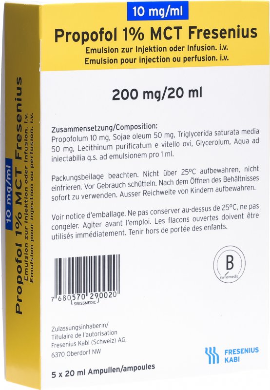 Propofol 1% Mct Fresenius 200mg 5 Ampullen 20ml in der Adler Apotheke