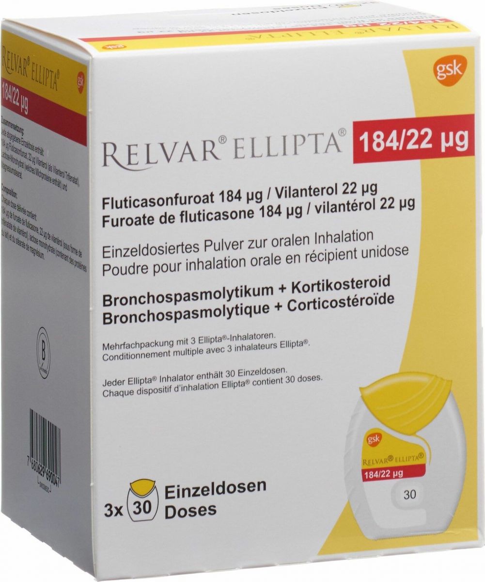 Relvar Ellipta Inh Pulver 184mcg/22mcg 3x 30 Dos in der Adler Apotheke