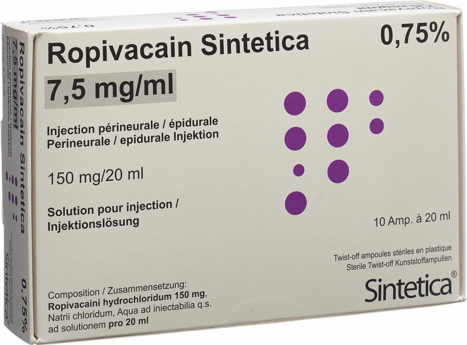 Ropivacain Sintetica 7.5mg/ml 10 Ampullen 20ml in der Adler Apotheke