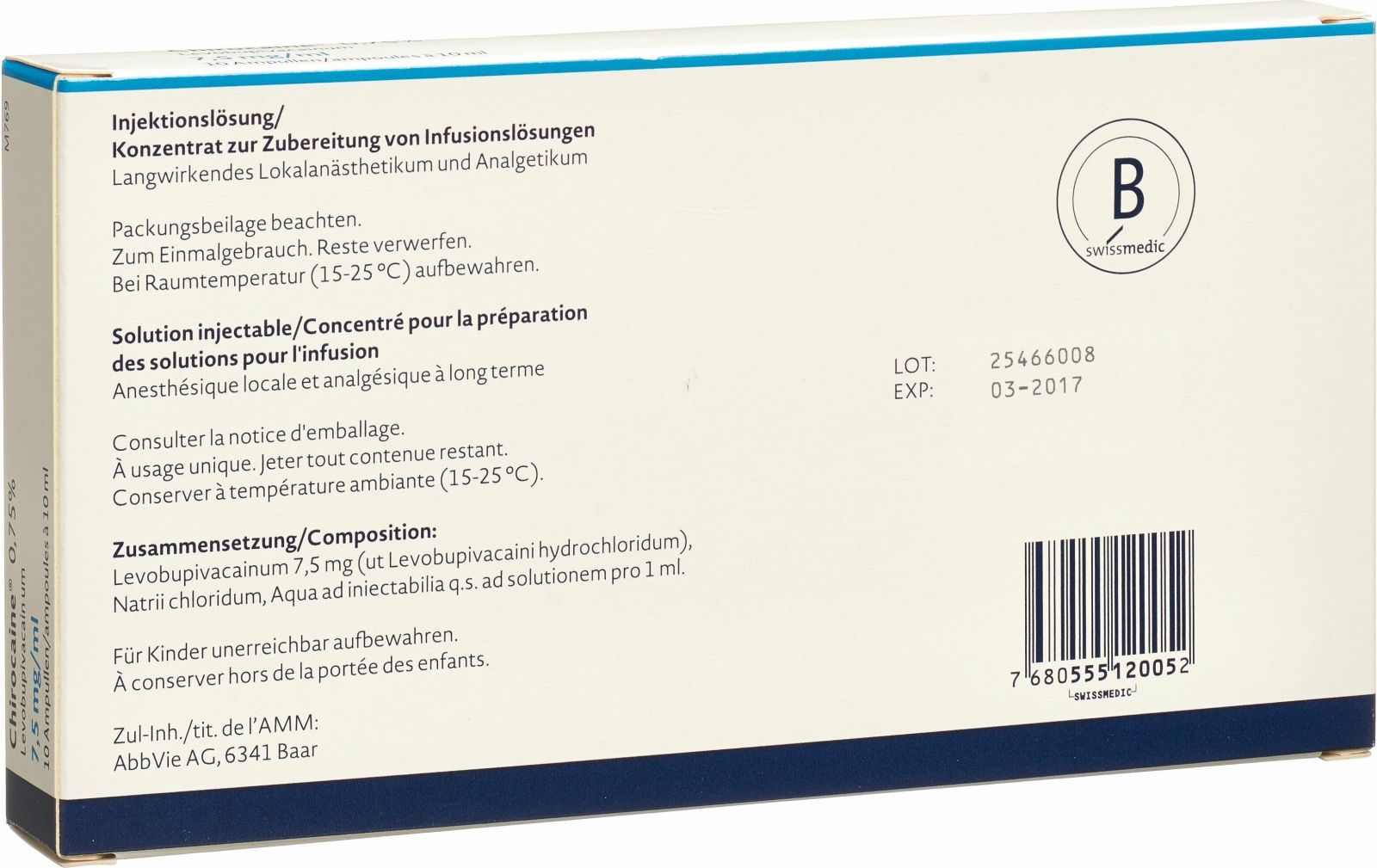 Chirocaine Injektionslösung 0.75% 10 Ampullen 10ml in der Adler Apotheke